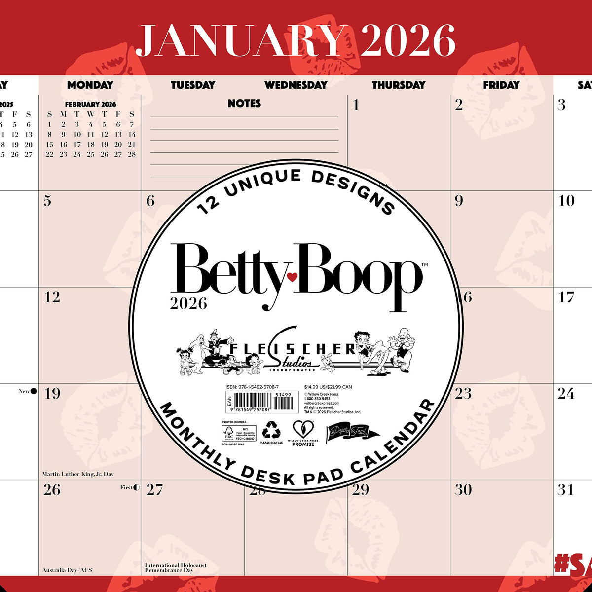 Betty Boop 2026 17" x 12" Small Monthly Desk Pad – Willow Creek Press